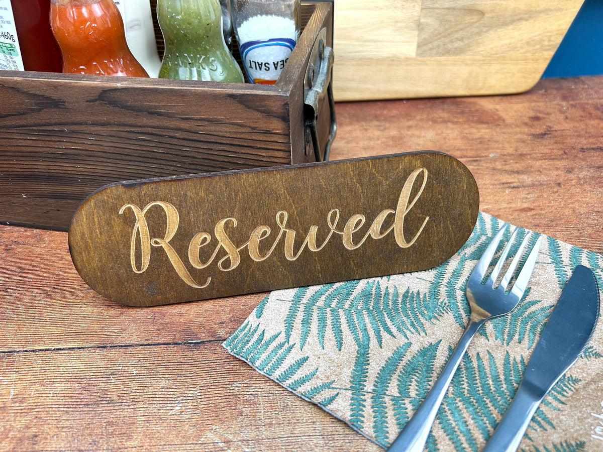 Oak Stained Plywood Script Font Reserved Signs – Crafty Bar Supplies Ltd